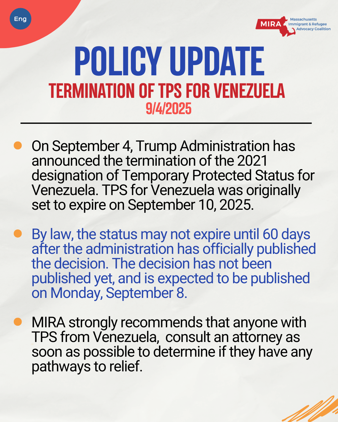 Termination of TPS for Venezuela – Policy Update 9/4/2025 - MIRA Coalition